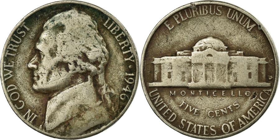 Coin, United States, Jefferson Nickel, 5 Cents, 1946, U.S. Mint, Denver