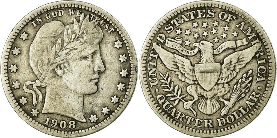 Coin, United States, Barber Quarter, Quarter, 1908, U.S. Mint, Philadelphia