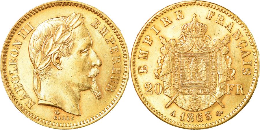Coin, France, Napoleon III, 20 Francs, 1863, Paris, , Gold, KM 801.1