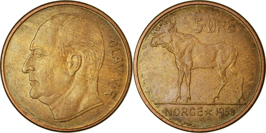 Coin, Norway, Olav V, 5 Öre, 1958, , Bronze, KM:405 | European Coins