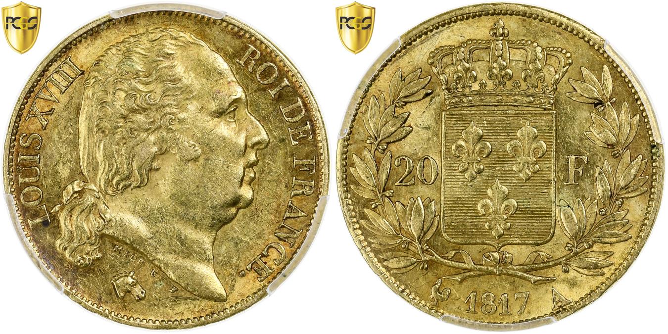 France, Louis XVIII, 20 Francs, 1817, Paris, Gold, PCGS, AU58, Gadoury:1028