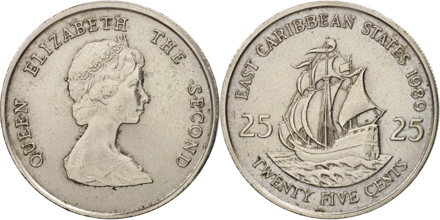 East Caribbean States, Elizabeth II, 25 Cents, 1989, , KM:14 | North ...