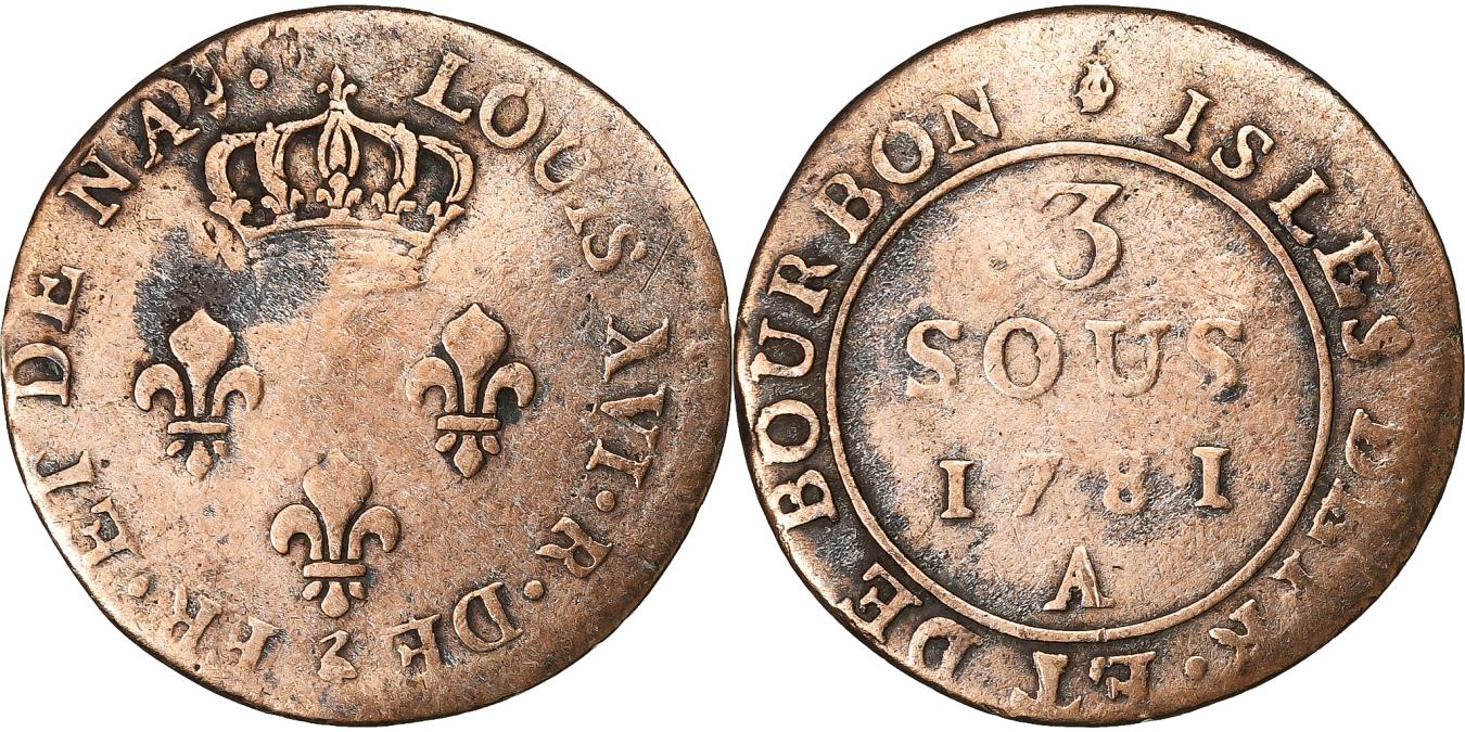 Isles of France and of Bourbon, Louis XVI, 3 Sous, 1781, Paris, Billon