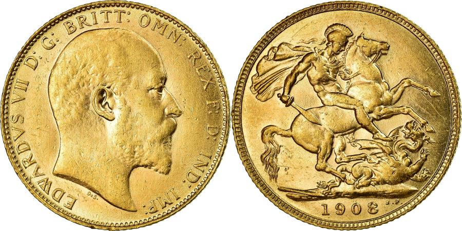 Coin, Great Britain, Edward VII, Sovereign, 1908, , Gold, KM:805