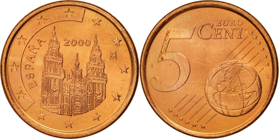 Spain, 5 Euro Cent, 2000, , Copper Plated Steel, KM:1042 | European Coins