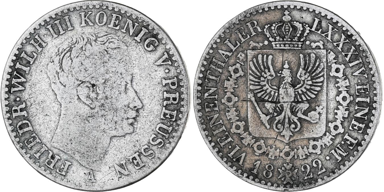 Coin, German States, PRUSSIA, Friedrich Wilhelm III, 1/6 Thaler, 1822