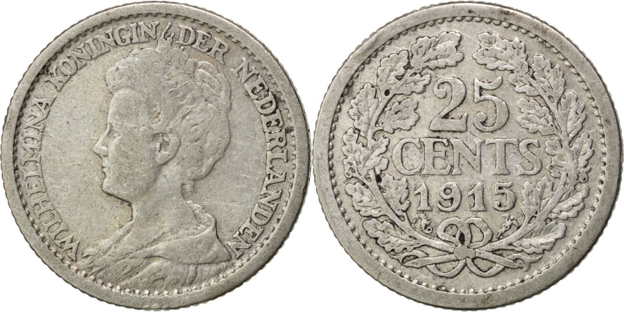 NETHERLANDS, 25 Cents, 1915, KM #146, , Silver, 19, 3.54 | European Coins