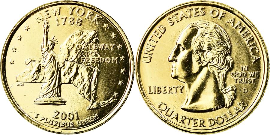 Coin, United States, New York, Quarter, 2001, U.S. Mint, Denver, golden