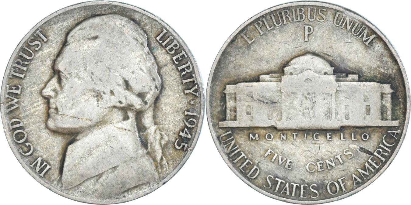 Coin, United States, Jefferson Nickel, 5 Cents, 1945, U.S. Mint ...