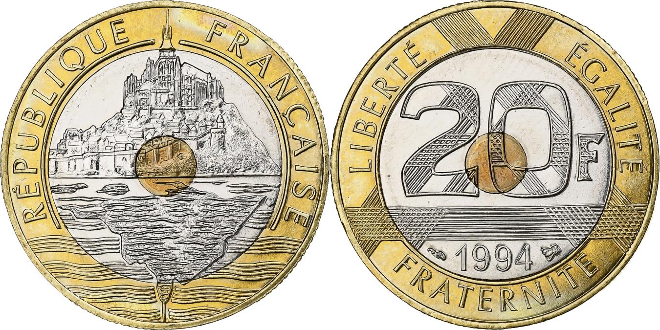 France, 20 Francs, Mont Saint Michel, 1994, Pessac, Tri-Metallic,