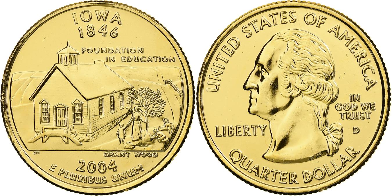 United States, Quarter, Iowa, 2004, United States Mint, Denver, Gold plated