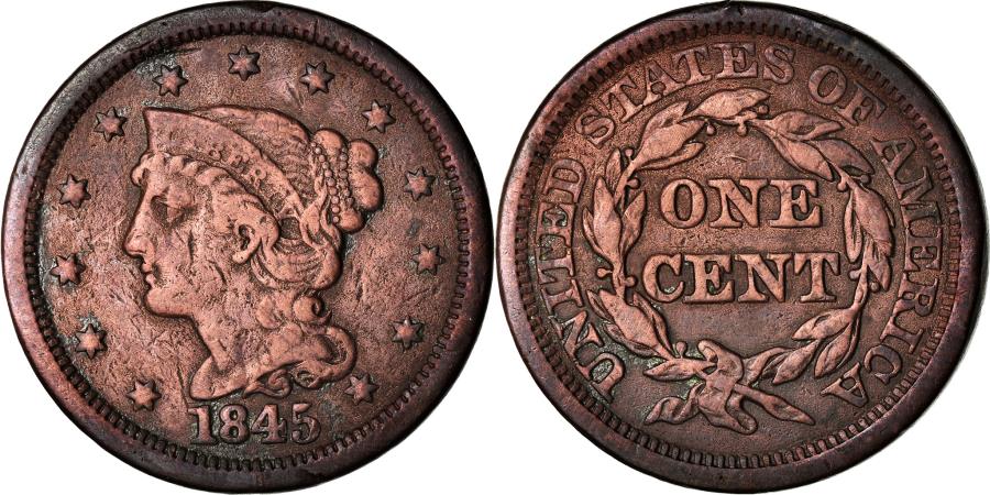 Coin, United States, Braided Hair Cent, Cent, 1845, U.S. Mint, Philadelphia