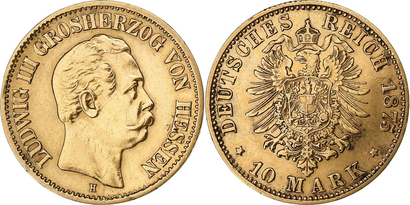 German States, HESSE-DARMSTADT, Ludwig III, 10 Mark, 1875, Darmstadt, Gold