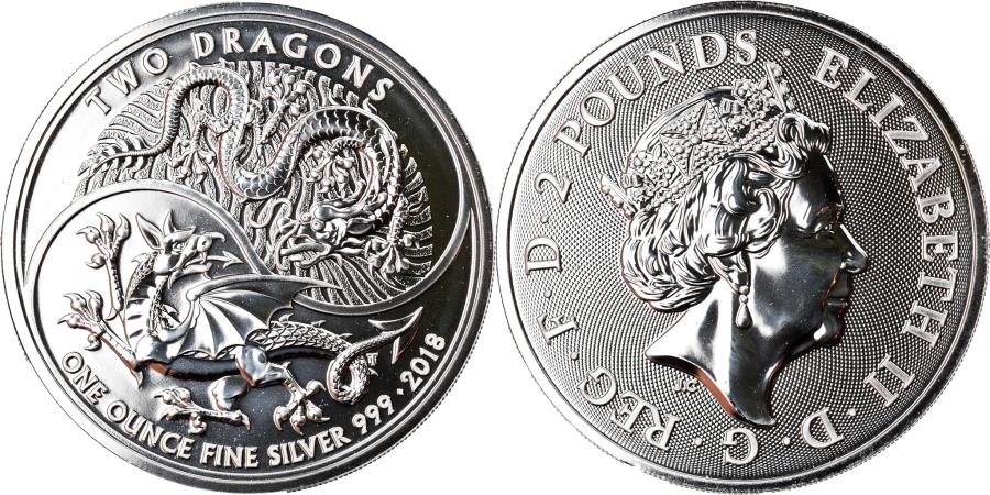 Coin, Great Britain, Two Dragons, 2 Pounds, 2018, 1 Oz, , Silver