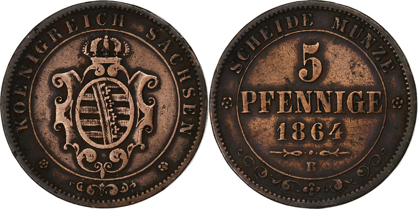 German States, SAXONY-ALBERTINE, Johann, 5 Pfennig, 1864, Dresde, Copper