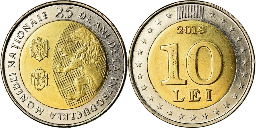 Coin, Moldova, 10 Lei, 2018, 25 ans de la monnaie nationale, , Bi-Metallic