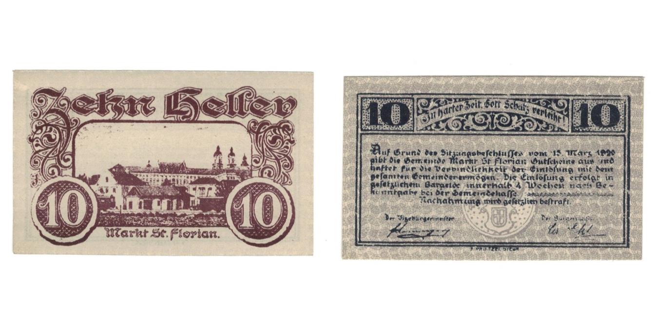 Banknote, Austria, St. Florian O.Ö. Gemeinde, 10 Heller, Texte, 1920