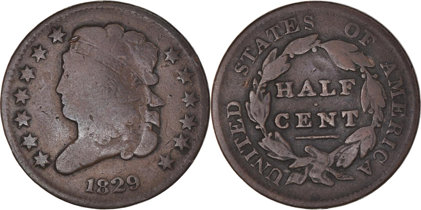 Coin, United States, Classic Head Half Cent, Half Cent, 1829, U.S. Mint