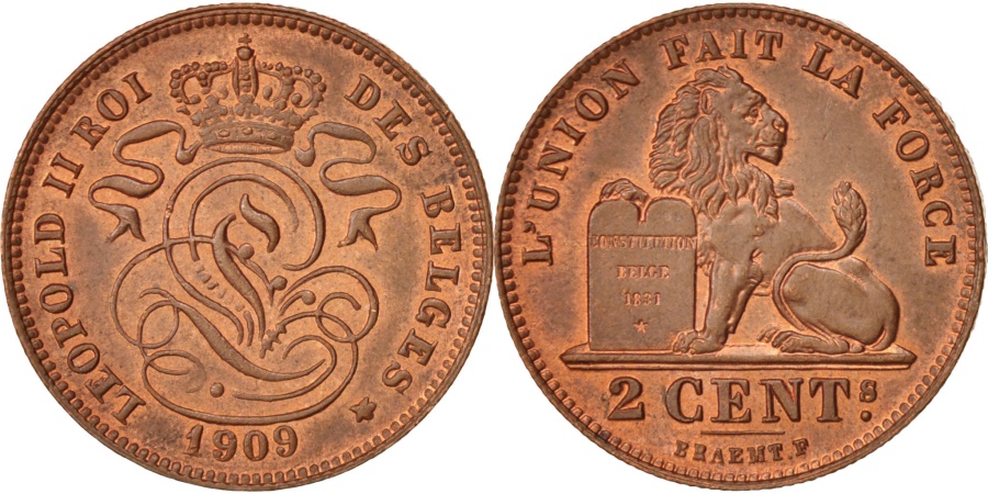 Belgium, Leopold II, 2 Centimes, 1909, , Copper, KM:35.1 | European Coins
