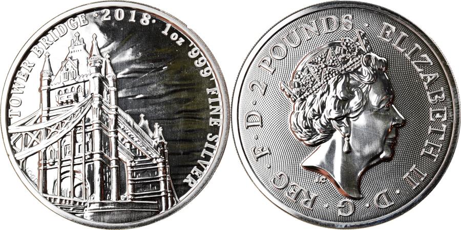 Coin, Great Britain, Tower Bridge, 2 Pounds, 2018, 1 Oz, , Silver