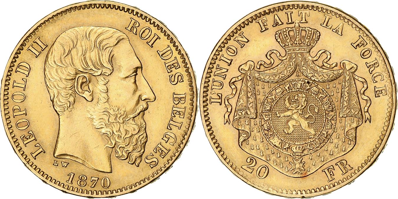 Coin, Belgium, Leopold II, 20 Francs, 20 Frank, 1870, Faulty edge,