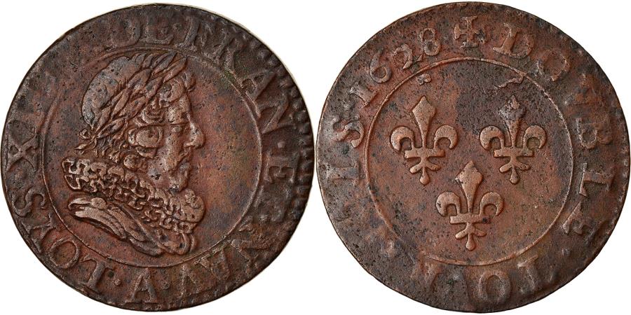 Coin, France, Louis XIII, Double Tournois, 1628, Paris, , Copper