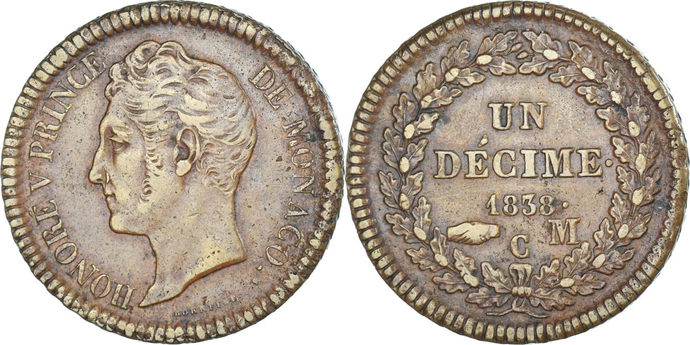 Coin, Monaco, Honore V, 1 Décime, 1838, Monaco, , Copper Gilt