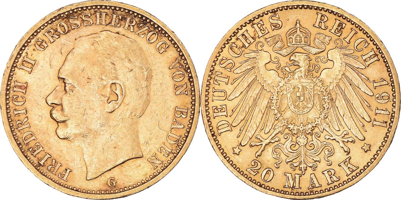 Coin, German States, BADEN, Friedrich II, 20 Mark, 1911, Stuttgart,