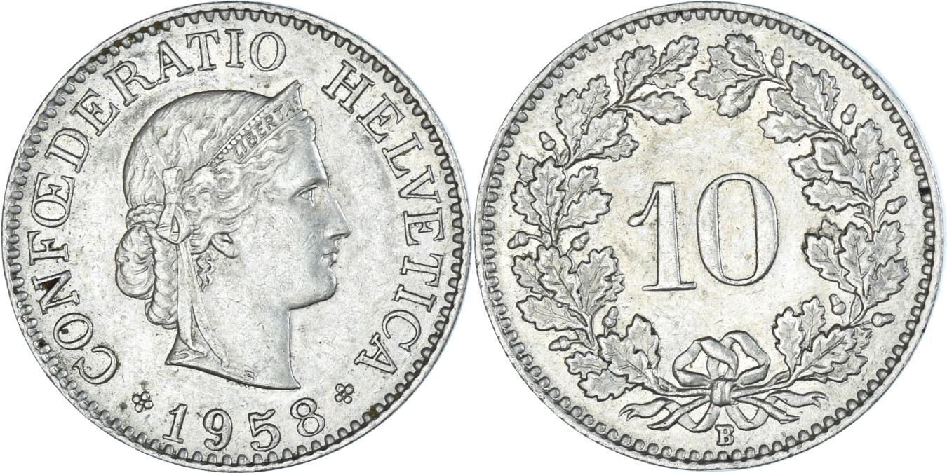 Coin, Switzerland, 10 Rappen, 1958 | European Coins