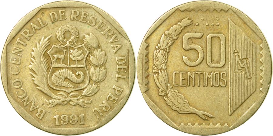 Coin, Peru, 50 Centimos, 1991, Lima, VF(30-35), Copper-Nickel-Zinc, KM ...
