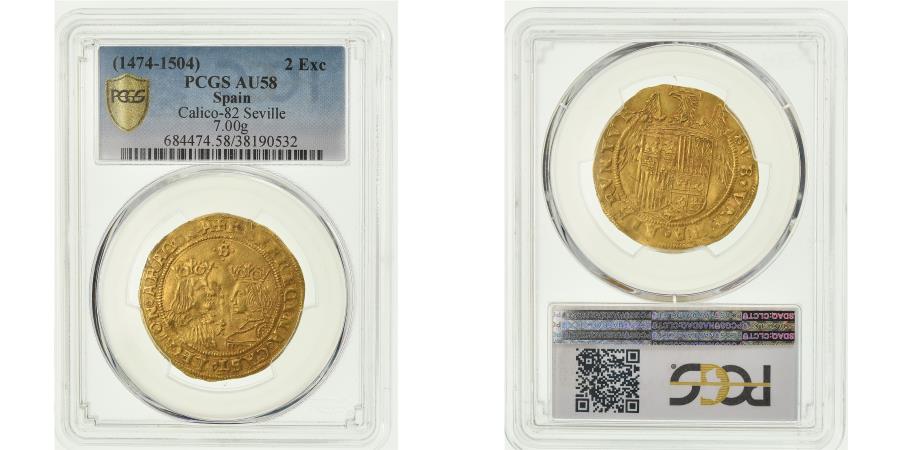 Coin, Spain, Ferdinand & Isabella, Doble Excelente, Seville, PCGS, AU58 ...