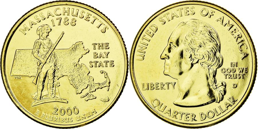 Coin, United States, Massachusetts, Quarter, 2000, U.S. Mint, , Gold