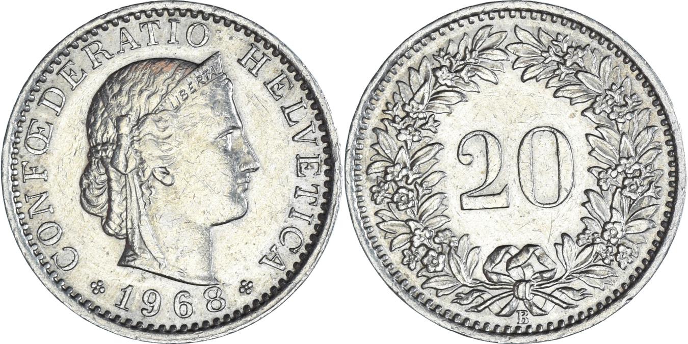 Coin, Switzerland, 20 Rappen, 1968 | European Coins