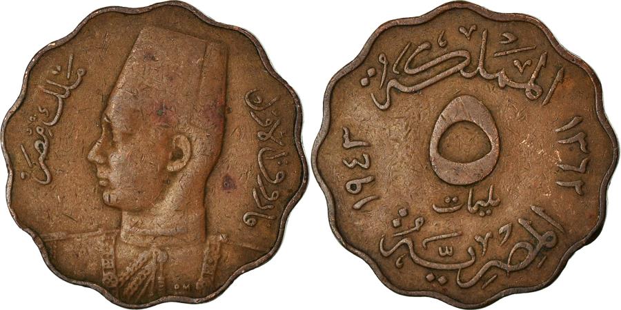 Coin, Egypt, Farouk, 5 Milliemes, 1943, British Royal Mint, , Bronze