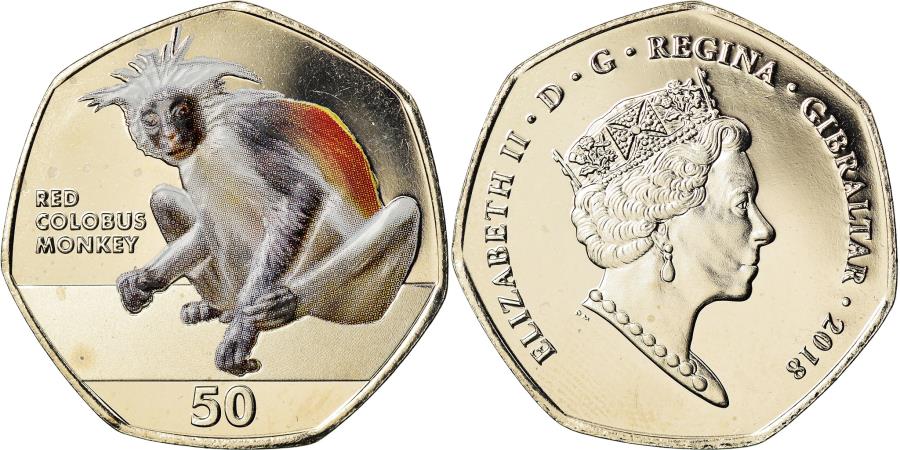 Coin, Gibraltar, 50 Pence, 2018, Colobe roux, , Cupro-nickel | European ...