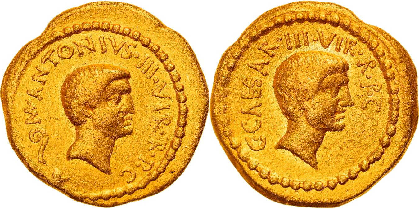 Mark Antony & Octavian, Aureus, 43 BC, Itinerant mint, Extremely rare, Gold