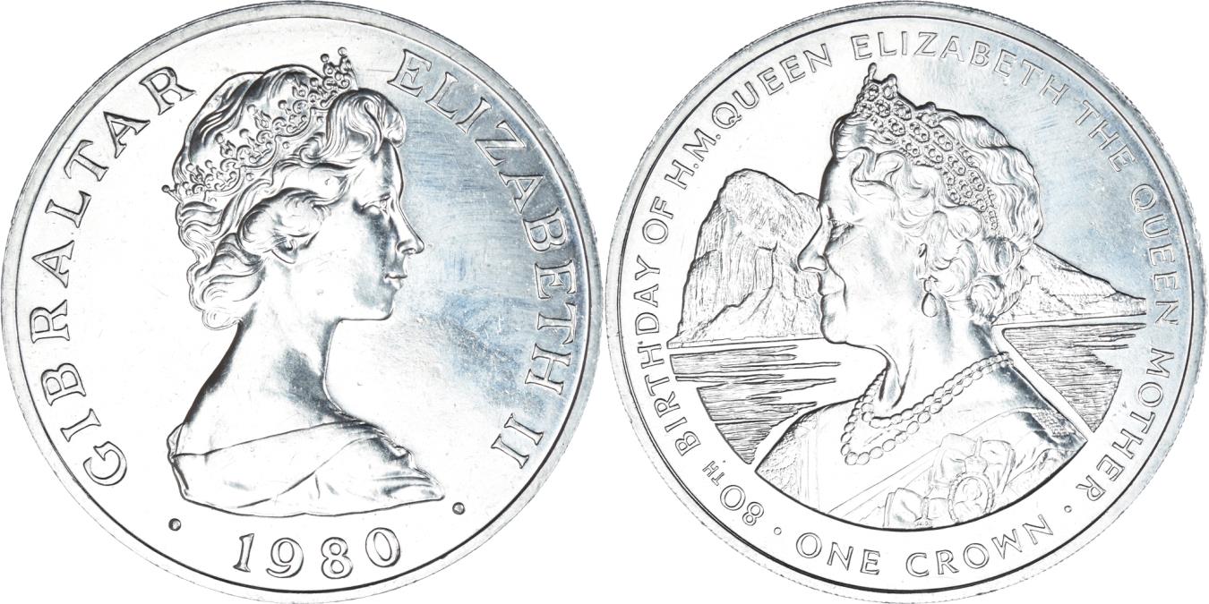 Coin, Gibraltar, Elizabeth II, Crown, 1980, 80th Birthday of Queen Mother.