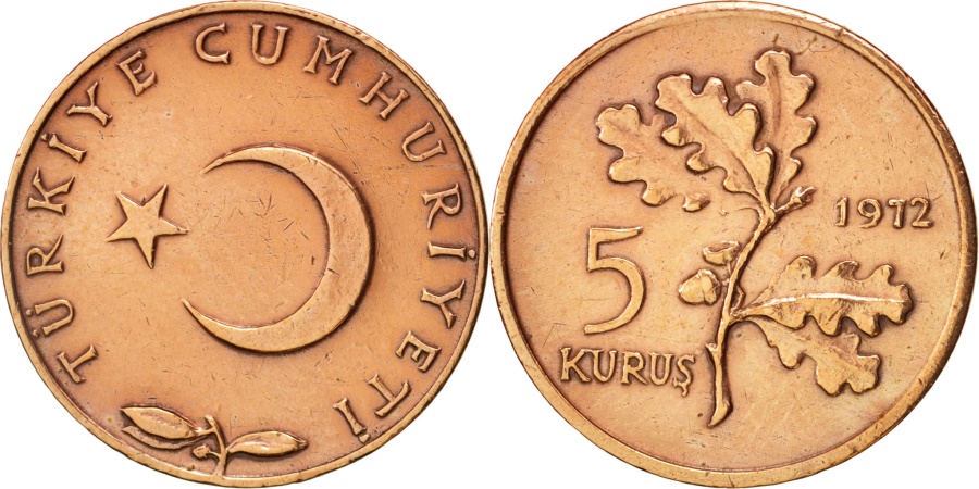 Turkey, 5 Kurus, 1972, , Bronze, KM:890.2 | Asian and Middle Eastern Coins
