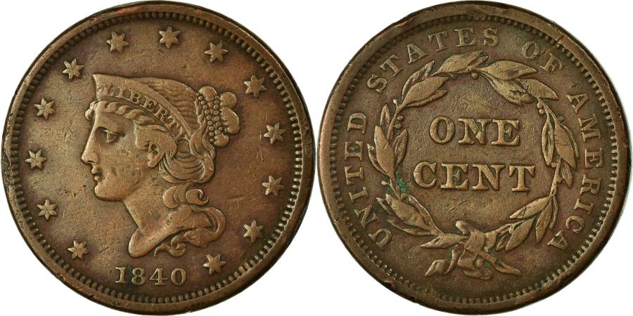 Coin, United States, Braided Hair Cent, Cent, 1840, U.S. Mint,