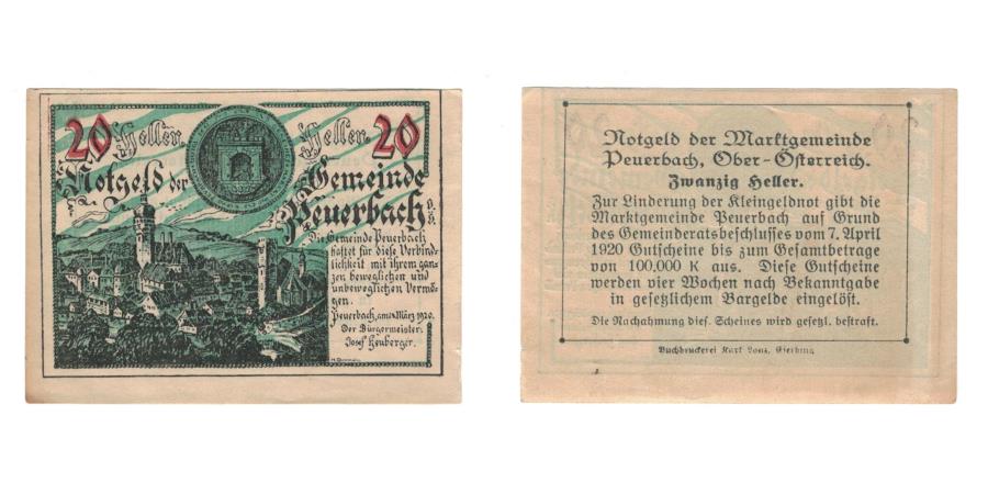 Banknote, Austria, Peuerbach O.Ö. Marktgemeinde, 20 Heller, Texte, 1920