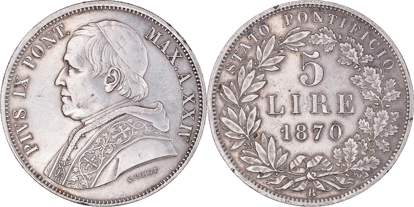 Coin, ITALIAN STATES, PAPAL STATES, Pius IX, 5 Lire, 1870, Rome,