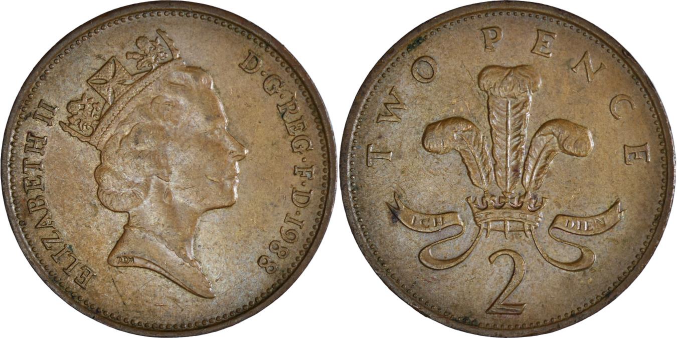 Coin, Great Britain, Elizabeth II, 2 Pence, 1988, , Bronze, KM:936