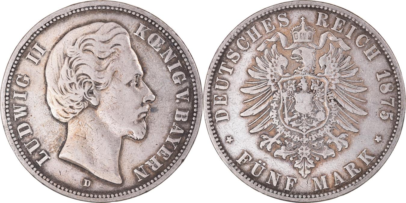 Coin, German States, BAVARIA, Ludwig II, 5 Mark, 1875, Munich,