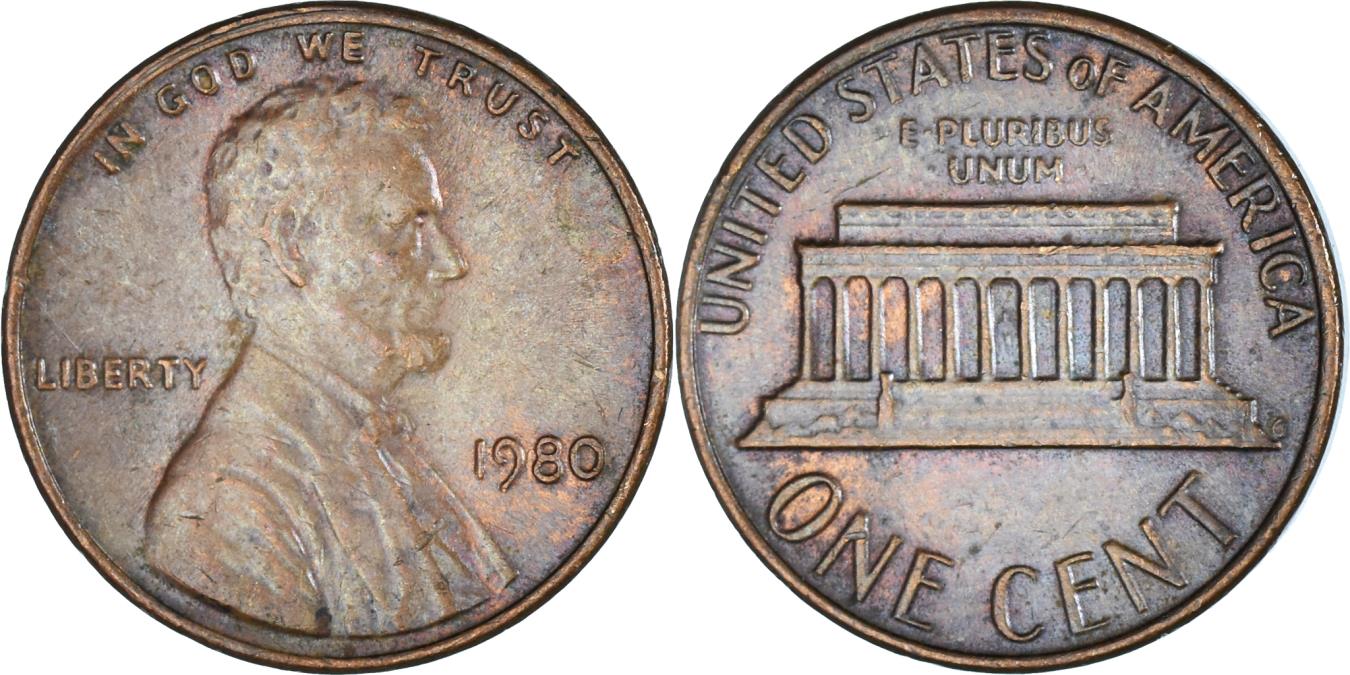 Coin, United States, Lincoln Cent, Cent, 1980, U.S. Mint, Philadelphia