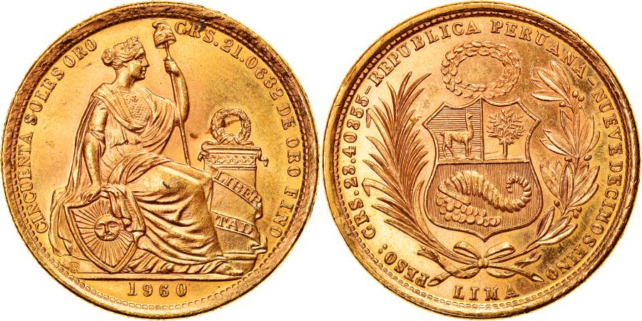 Coin, Peru, 50 Soles, 1960, Lima, , Gold, KM:230 | South American Coins