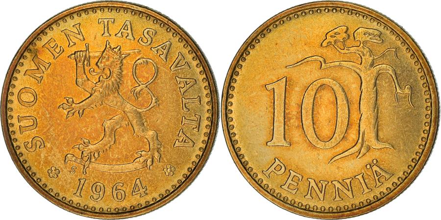Coin, Finland, 10 Pennia, 1964, AU(50-53), Aluminum-Bronze, KM:46