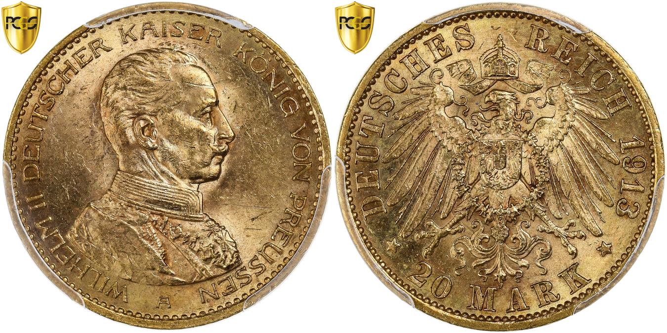 Kingdom of Prussia, Wilhelm II, 20 Mark, 1913, Berlin, Gold, PCGS, MS62 ...