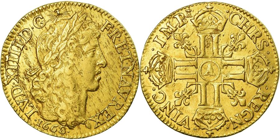 Coin, France, Louis XIV, Louis d'or au buste juvénile, tête laurée ...