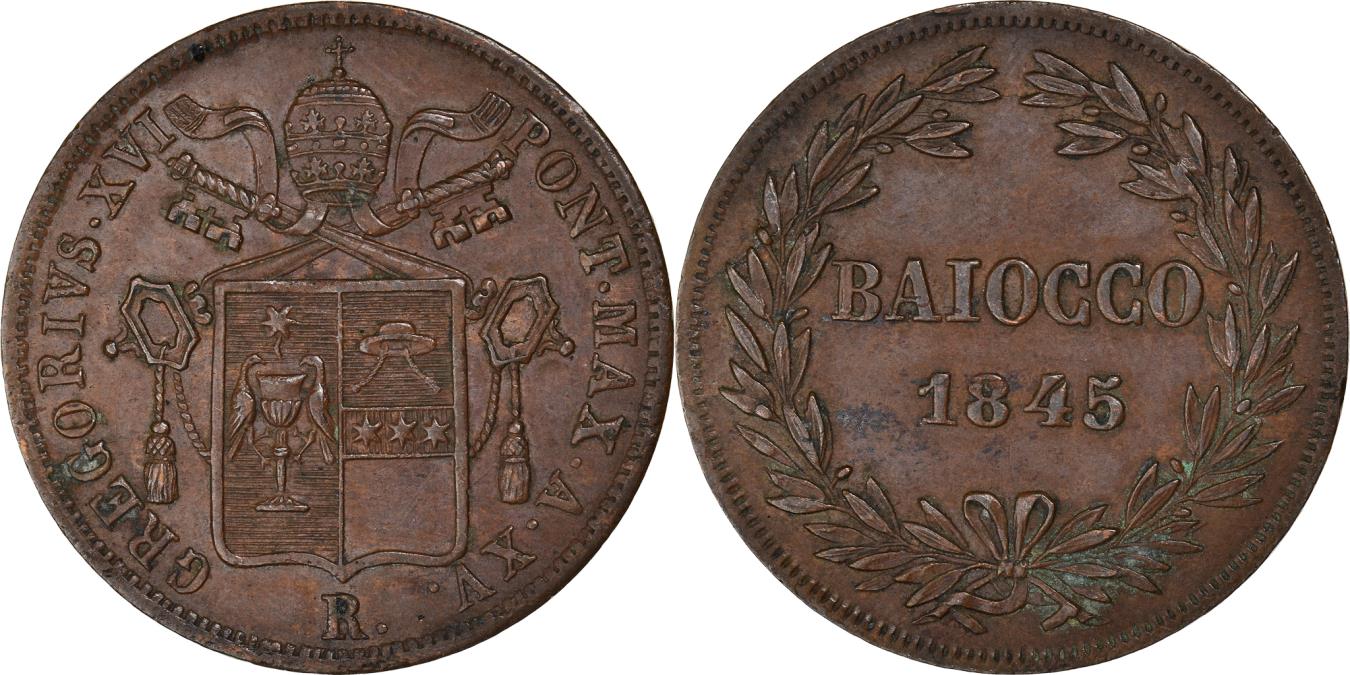 Coin, ITALIAN STATES, PAPAL STATES, Gregory XVI, Baiocco, 1845, Roma,
