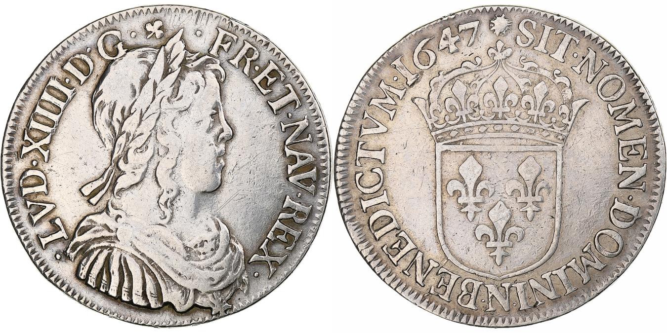 France, Louis XIV, 1/2 Écu à la mèche longue, 1647, Montpellier, Silver